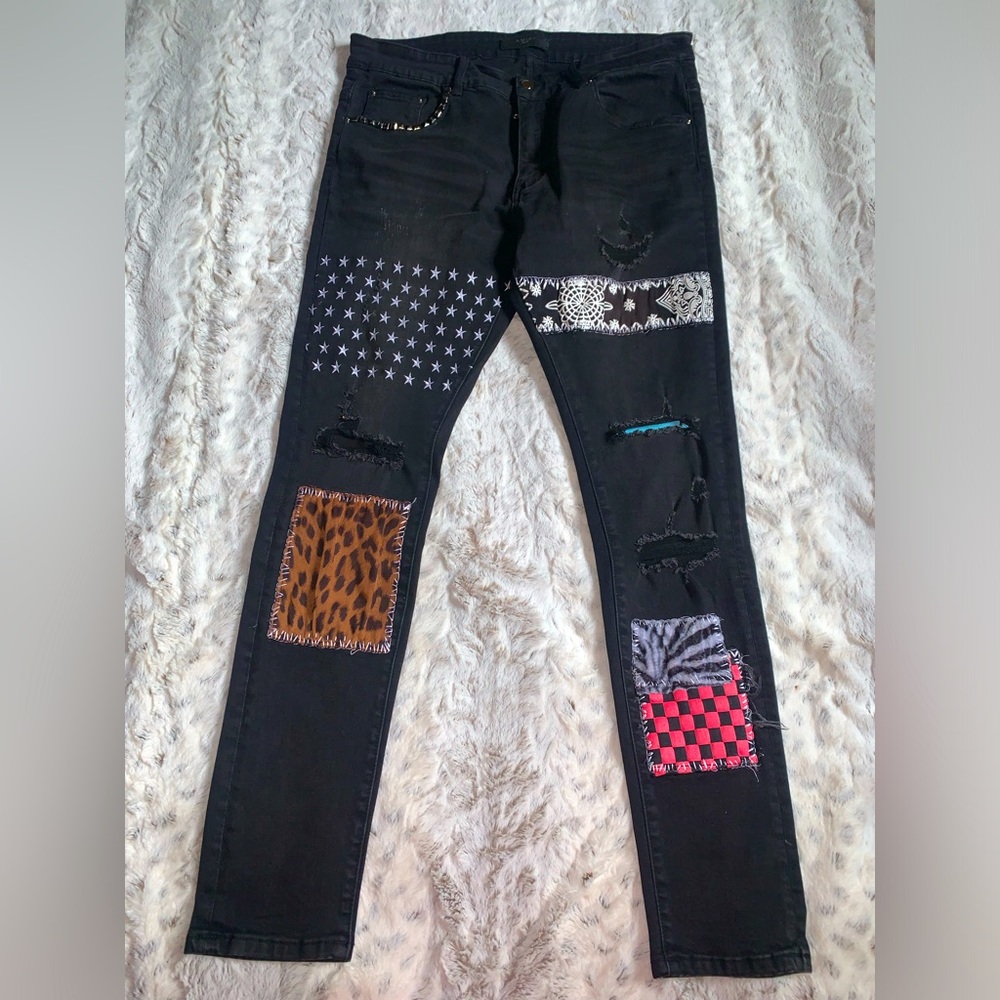 Amiri Art Patchwork Studded Distressed Skinny Jeans - Gem